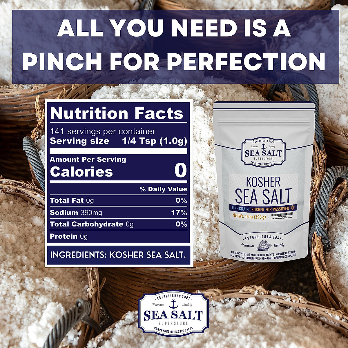 Kosher Sea Salt, Fine Grain Kosher Salt, Replacement for Table Salt, Non-Iodized, All-Natural, No Additives (14 oz Bag) - Sea Salt Superstore