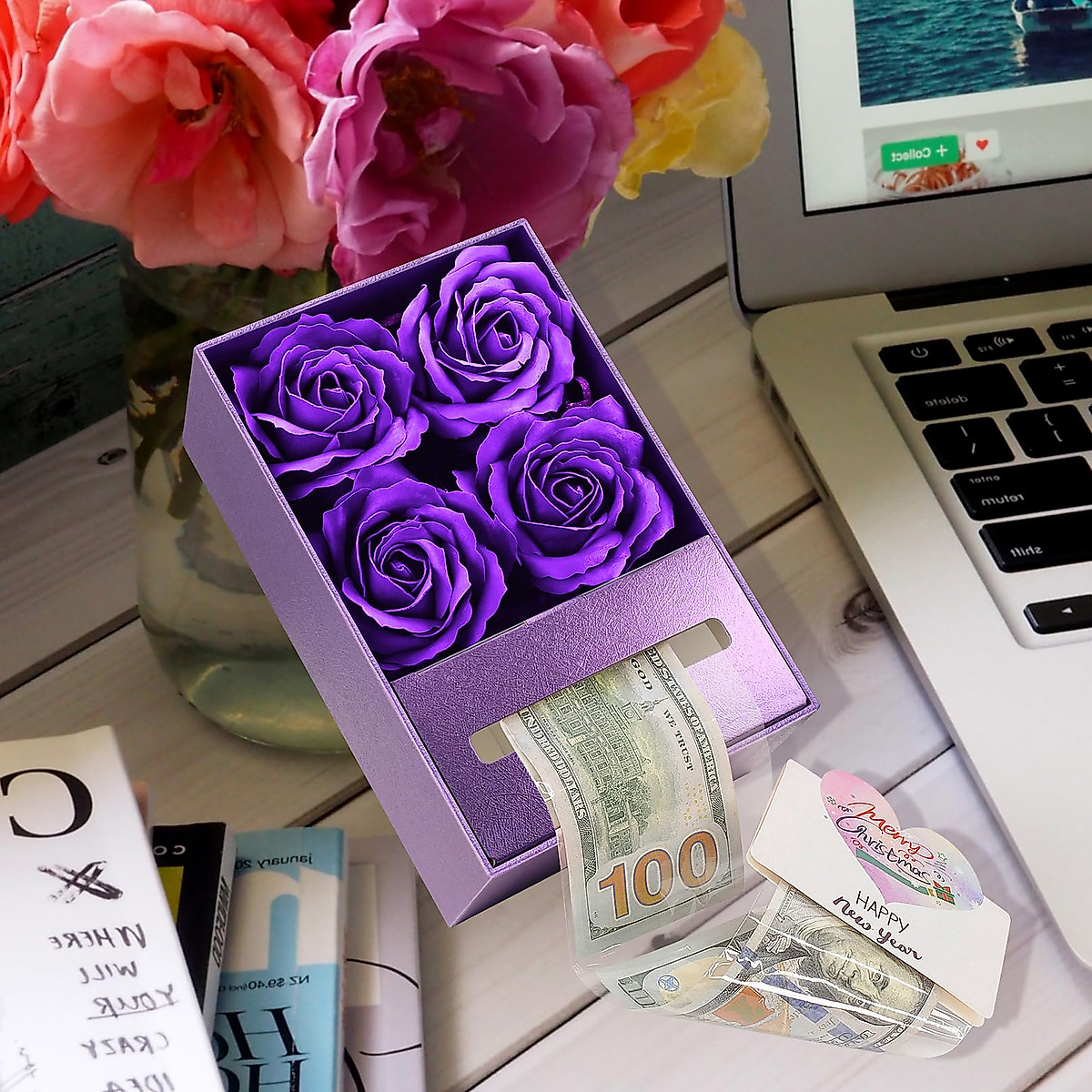 Money Box for Cash Gift Pull, Money Gift Boxes for Cash on Birthday, Christmas, Graduation, Mother's Day, for Husband, Wife, Girlfriend, Mother With Soap Rose Flower and Greeting Cards - Purple