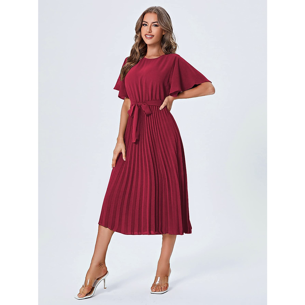 Milumia Women's Elegant Belted Pleated Flounce Sleeve Long Dress Burgundy Large