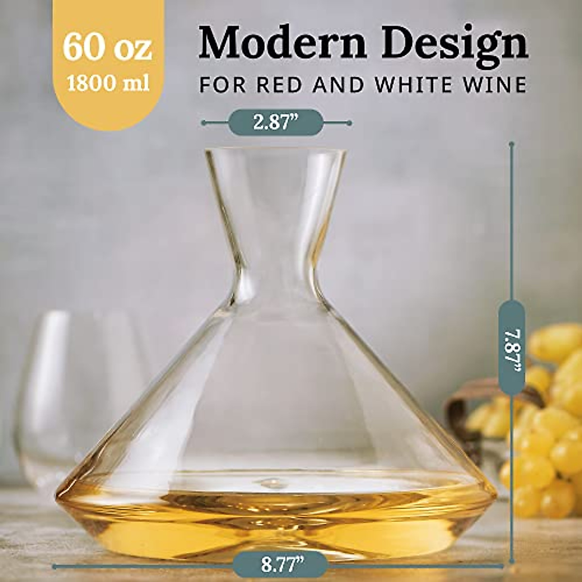 Wine Decanter – Hand-Blown Crystal Wine Carafe – Elegant Modern Pouring Vessel for Hosting Parties – Wine Aerator for Better Wine Experience (60 oz)