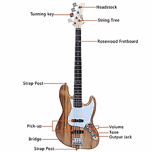 Glarry Gjazz Electric Bass Guitar 4 String Full Size for Beginner Right Hand with Shoulder Strap, Wrench Tool, Power Line and Bag (Burly Wood)