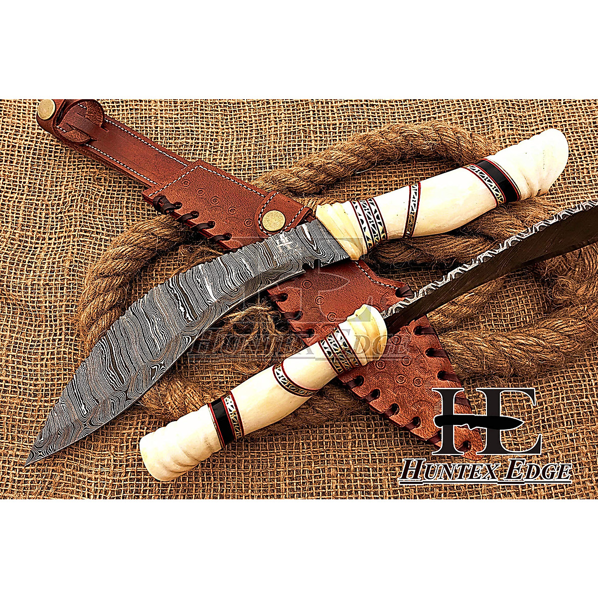 HUNTEX Unique Custom Handmade Hand Forged Damascus Steel 15 Inch Long Full Tang Camel Bone Handle Razor Sharp Hunting Camping Kukri Knife with Genuine Leather Sheath