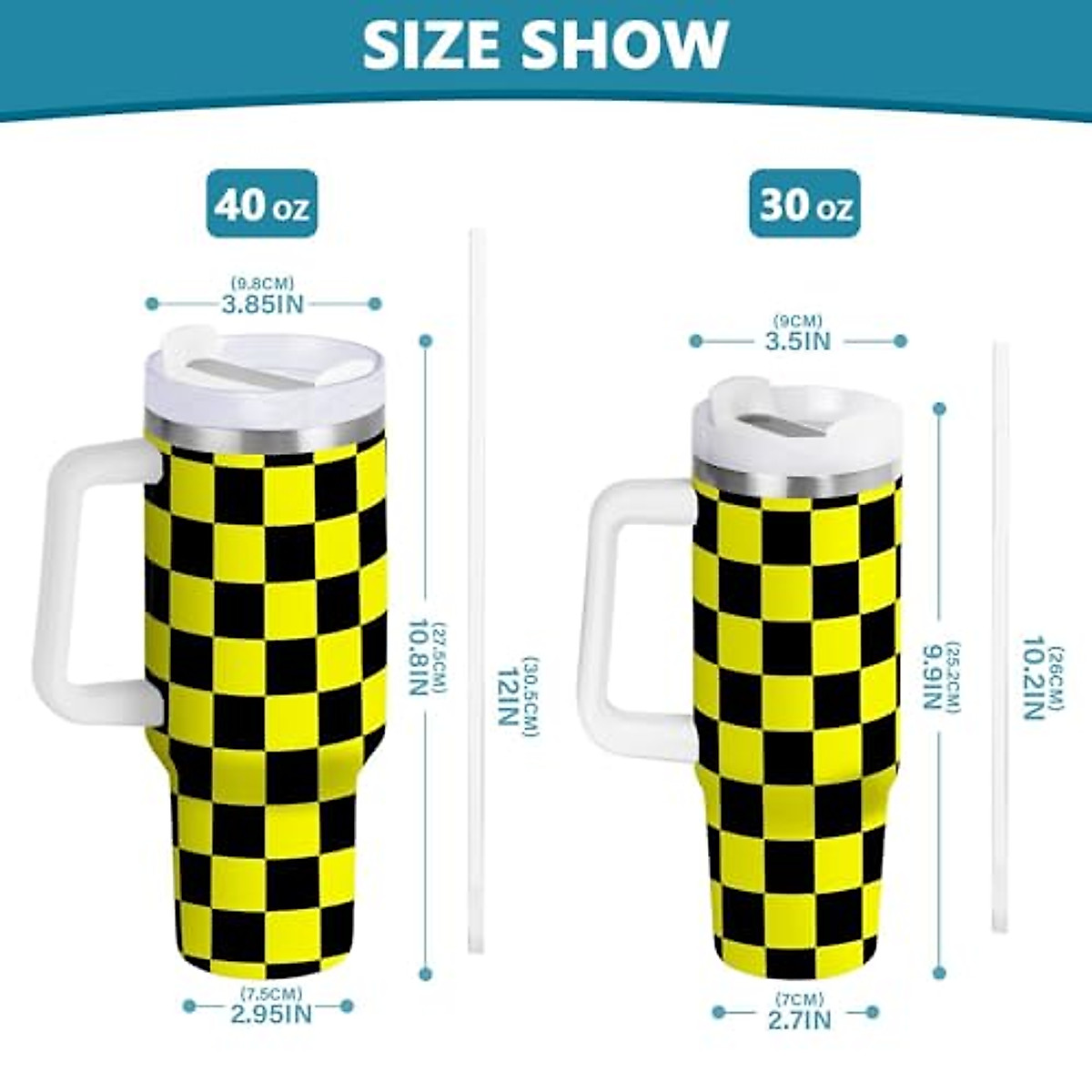 Caikeny Insulated Tumblers with Lid and Straw Checkerboard Yellow 40 oz Reusable Stainless Steel Cup Black Water Bottle Coffee Travel Tumbler Mug for Women Men