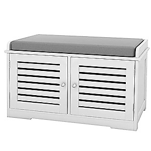 RASOO Shoe Storage Benches White Shoe Rack Bench with 2 Doors & Padded Seat Cushion in Grey Shoe Cabinet Shoe Entryway Bench with Shoe Organizer