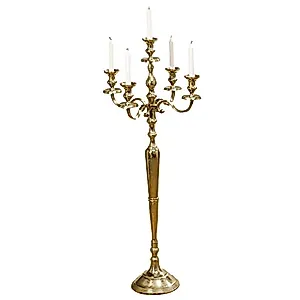 WHW Whole House Worlds Hamptons Tall Five Candle Golden Candelabra, Hand Crafted of Brilliant Gold Aluminum Nickel, 4 FT High (47.25 Inches)