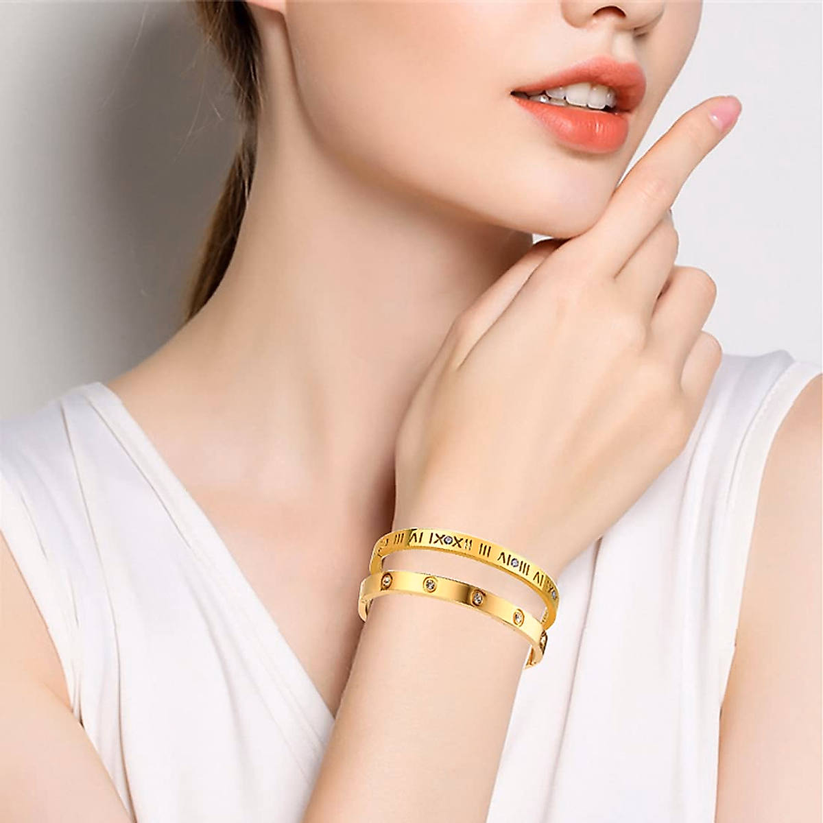 Jaline Fashion Classic Stainless Steel Roman Numeral Bangle Bracelet for Women Jewelry，Rose gold color ,Gold color，Silver color, FB-110 0