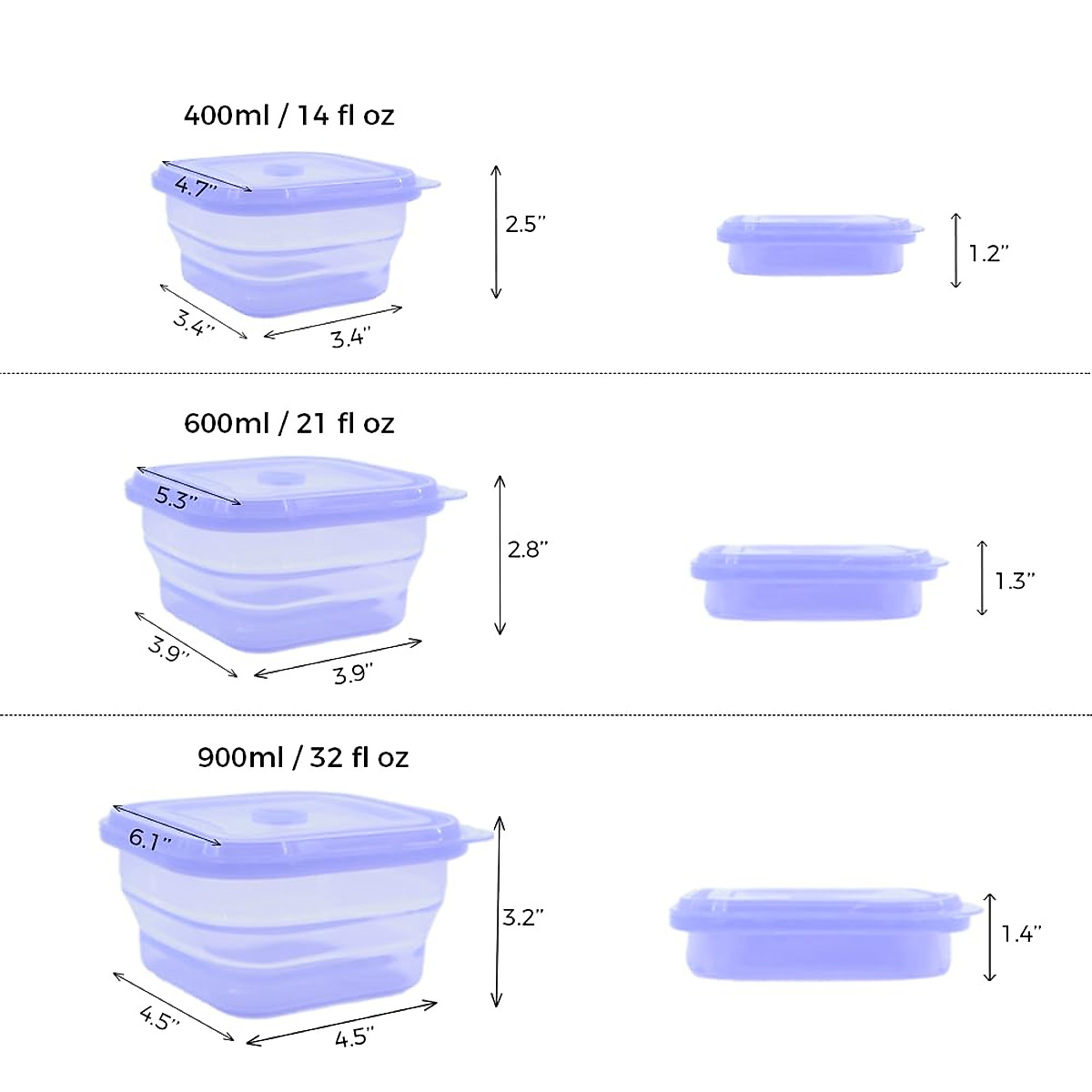 Durbl Collapsible Silicone Food Storage Containers with Silicone Airtight Lids-3 Pack (Violet), Reusable Stacking Lunch Boxes, Kitchen Stacking Container Set for Microwave Freezer Dishwasher Safe…