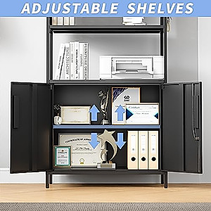 Yizosh 5-Tier Bookshelf, Tall Bookcase with Doors, Industrial Display Standing Shelf Units with Lock & Pegboard, Metal Storage Shelves for Living Room, Bedroom, Home Office (Black)