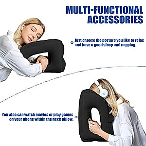 SAHEYER Inflatable Travel Pillow, Inflatable Neck Pillow for Airplane Travel Essentials and Office Nap, with 3D Eye Mask, Earplugs, Luggage Tag Initial & Portable Drawstring Bag (Black)