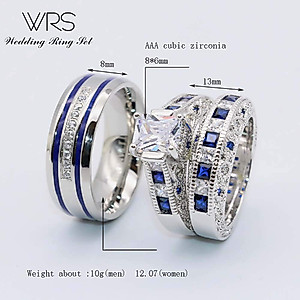 wedding ring set Two Rings His Hers Couples Matching Rings Women's 2pc White Gold Filled CZ Wedding Engagement Ring Bridal Sets Men's Stainless Steel Wedding Band