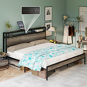 LUXOAK King Size Bed Frame, Platform Bed Frame with 2-Tier Storage Headboard and Charging Station/No Box Spring Needed/Noise Free/Industrial/Rustic Grey