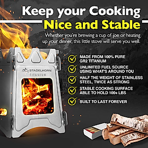STADELHORN Titanium Minimalist Wood Stove Ultralight 100% Pure Titanium Portable & Foldable for Camping, Backpacking, Hiking, and Bushcraft Survival. Stronger and Lighter vs Steel, weighs only 7.3 oz.