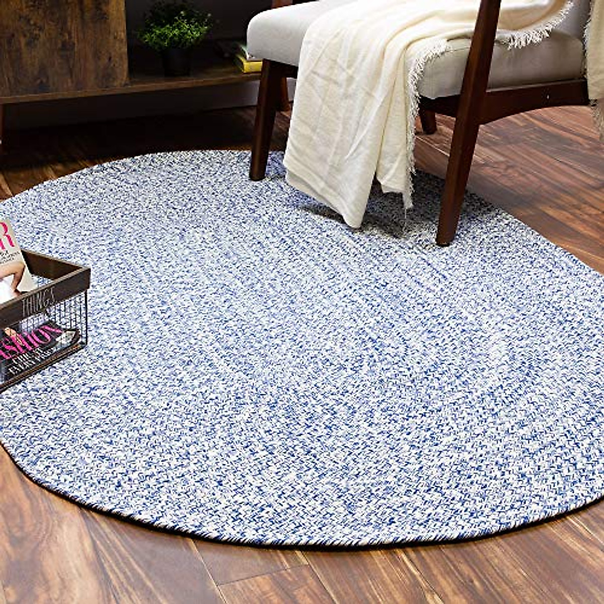 Super Area Rugs Farmhouse Braided Rug Cotton Kitchen Reversible Carpet, Blue & White, 4' X 6' Oval