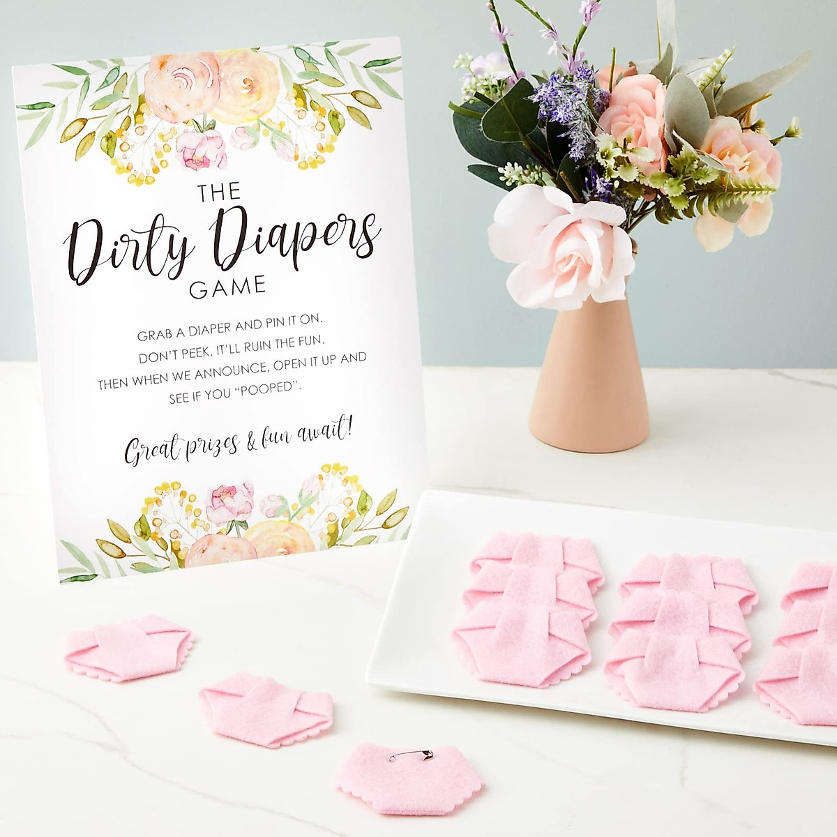 Sparkle and Bash Dirty Diaper Baby Shower Game for Girl with 12 Mini Pink Diapers, 8.5 x 11 Inch Instruction Card Sign