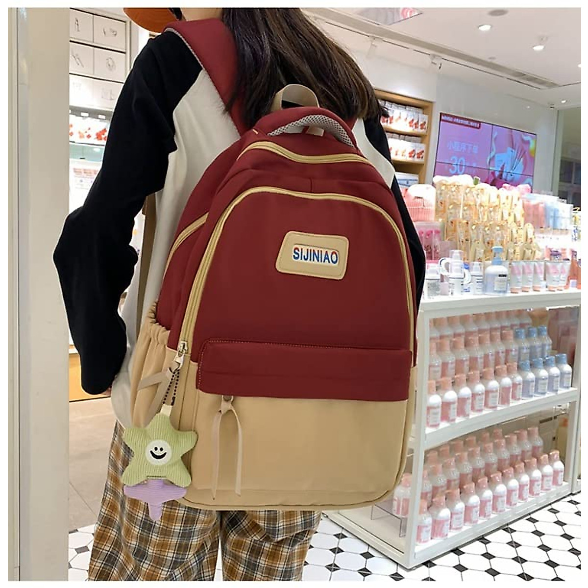 MININAI Preppy Backpack with Plushies Korean Patchwork Laptop Backpack Kawaii Casual Daypack Aesthetic College Backpack (One Size,Red)