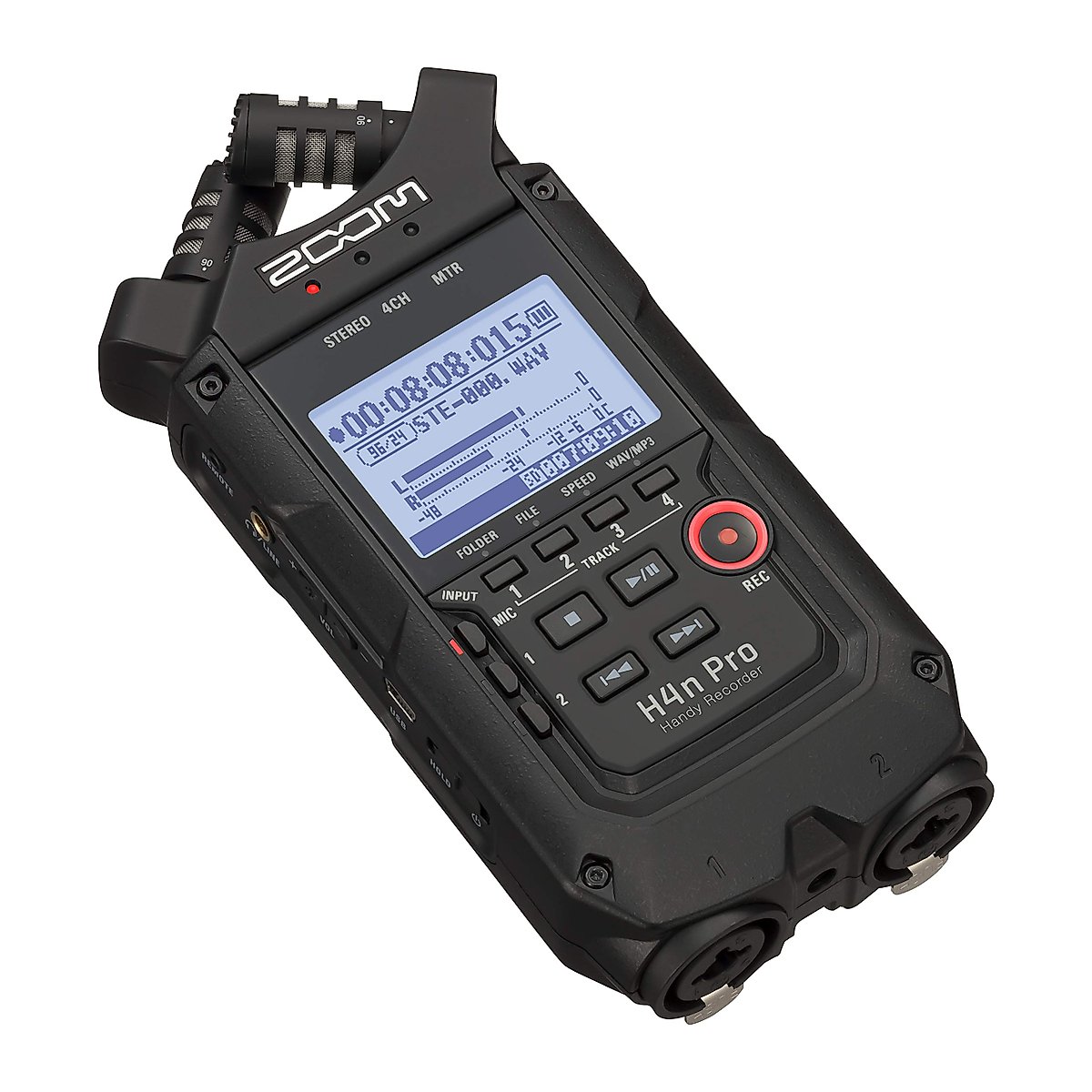Zoom H4n Pro 4-Track Portable Recorder, All Black, Stereo Microphones, 2 XLR/ ¼“ Combo Inputs, Battery Powered, for Stereo/Multitrack Recording of Music, Audio for Video, and Podcasting