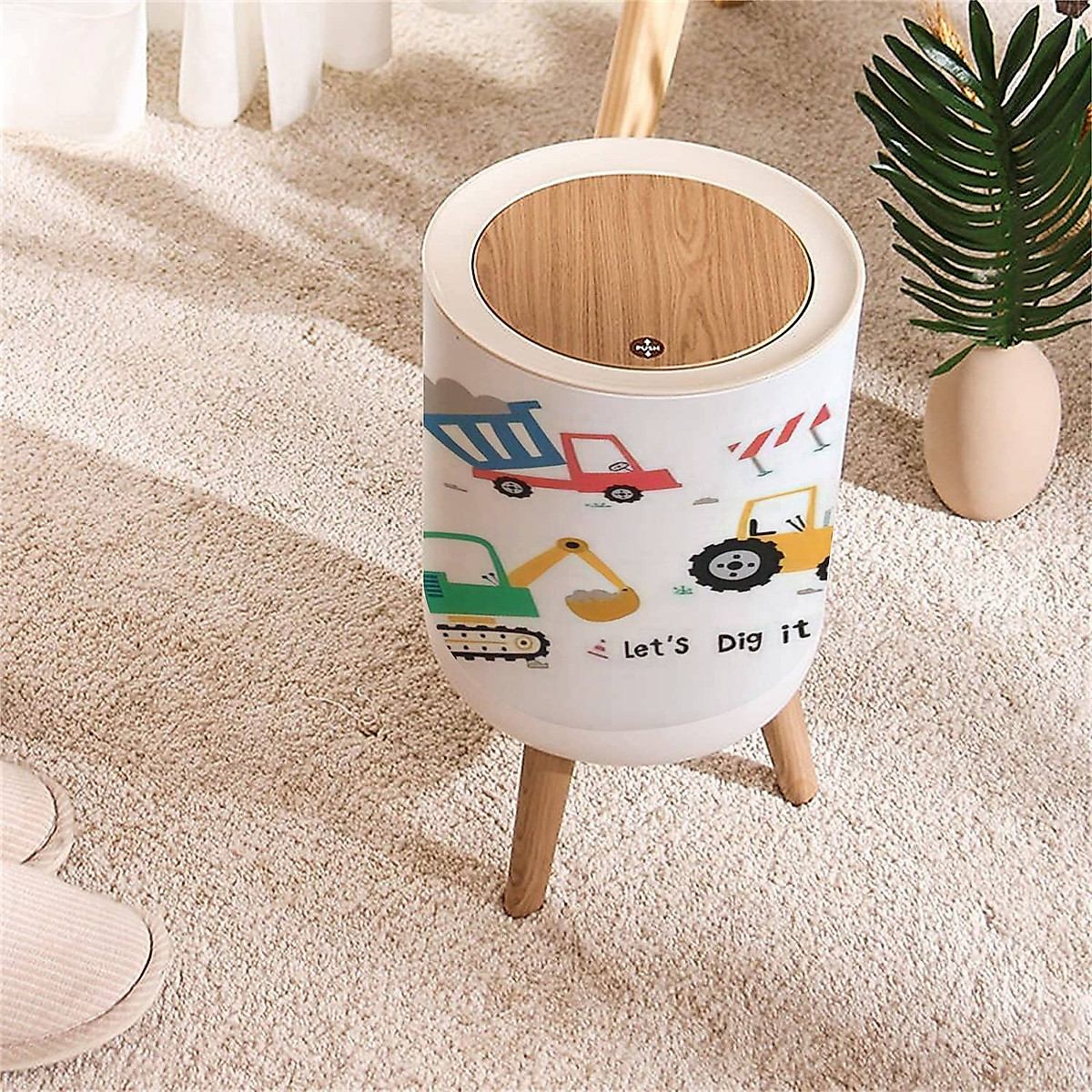KCDCYCZEAL Small Trash Can with Lid Cute Construction Trucks for Kids Round Recycle Bin Press Top Dog Proof Wastebasket for Nursery Playroom Bedroom Office 7L/1.8 Gallon