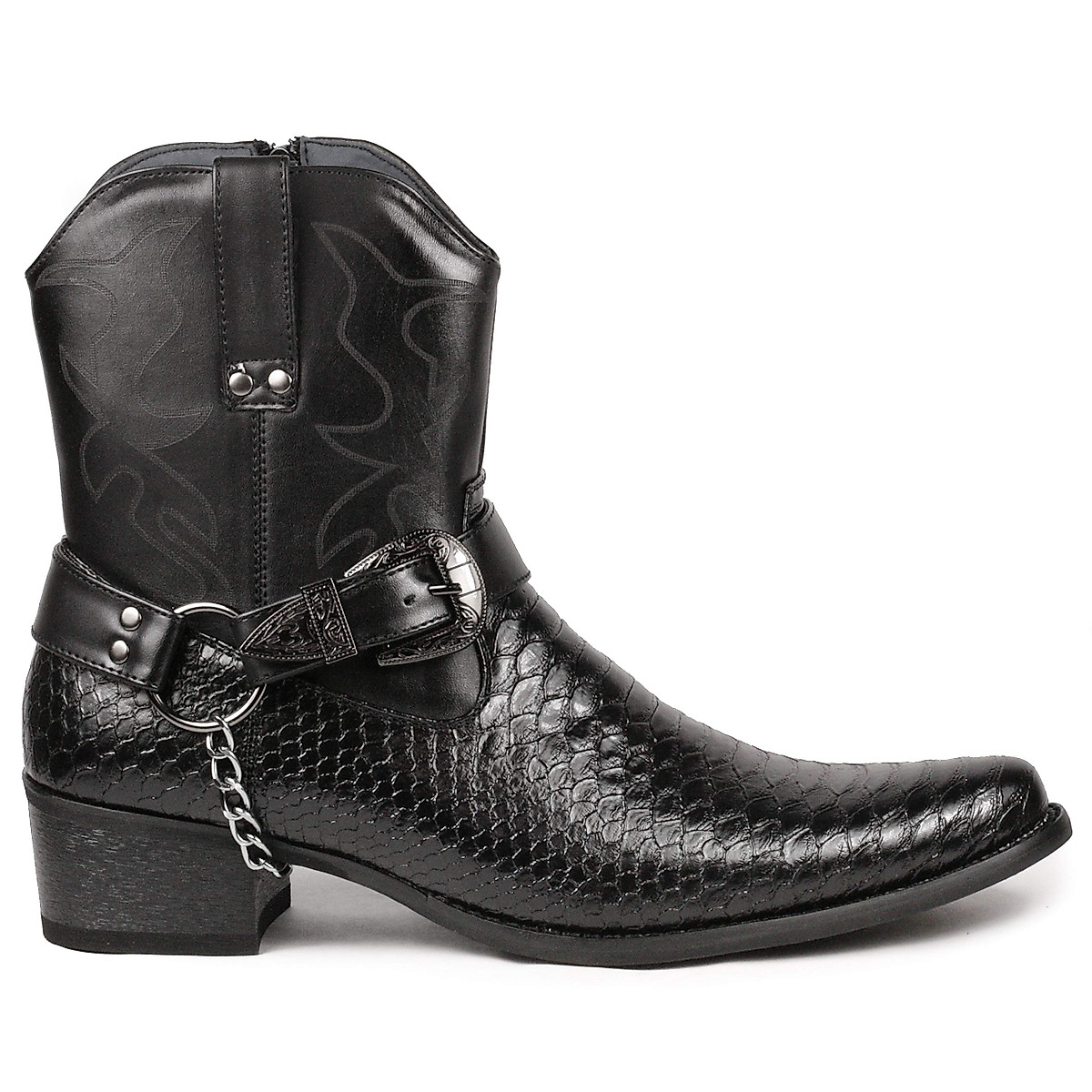 Metrocharm Diego-01 Men's Belt Buckle Chain Strap Western Cowboy Boots (11, Black)