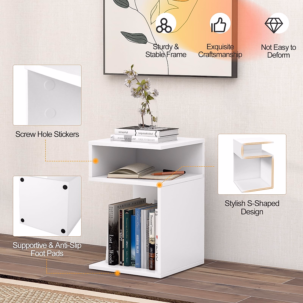 Tangkula S-Shaped Side Table, 3 Tier Wood End Table with Open Storage Shelves, Anti-Slip Foot Pads, Modern Accent Bedside Nightstand, Narrow Side Table for Small Spaces Living Room Bedroom (2, White)