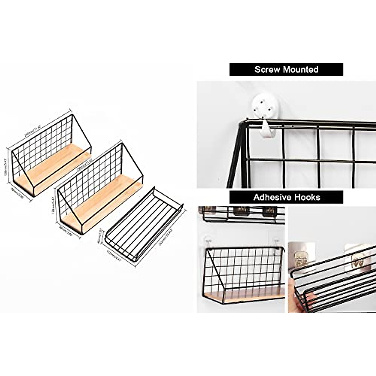 Livabber Floating Shelves Wall Mounted,Home Office Decor- 2 Rustic Arrow Design Wood Storage Metal Shelves Wall Mounted+Adhesive Shower Caddy Basket Shelf for Bathroom/Kitchen, 2 Pack (Small&Small)