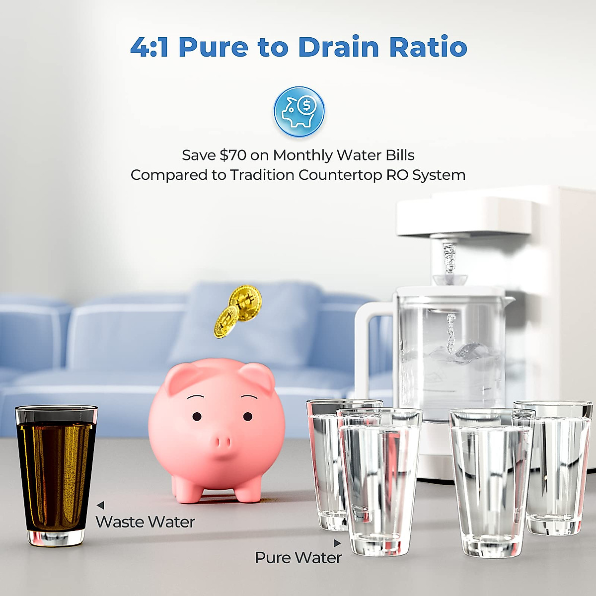 Reinmoson 8 Stage Reverse Osmosis System Countertop with 𝟰 𝗛𝗼𝘁 𝗪𝗮𝘁𝗲𝗿 𝗦𝗲𝘁𝘁𝗶𝗻𝗴𝘀, NSF Certified TDS Reduction, 4:1 Pure to Drain Portable Reverse Osmosis Water Filter Countertop