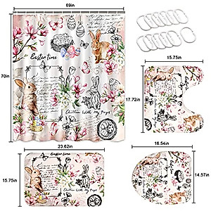 Easter Shower Curtain Sets with Non-Slip Bathroom Rugs, Toilet Lid Cover, Bath Mat, Spring Bunny and Butterfly Shower Curtain Sets with Hooks, Cute Easter Shower Curtains for Bathroom Decoration