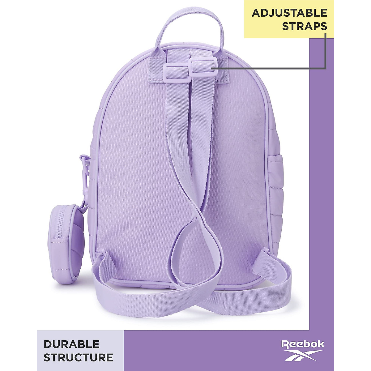 Reebok Women's Backpack - Artemis Quilted Shoulder Purse - Travel Gym Bag for Kids, Teens, and Adults, Size One Size, Pastel Lilac