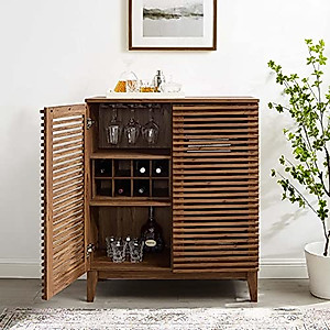 Modway Render Mid-Century Modern Bar with Wine Rack Storage Cabinet, Walnut