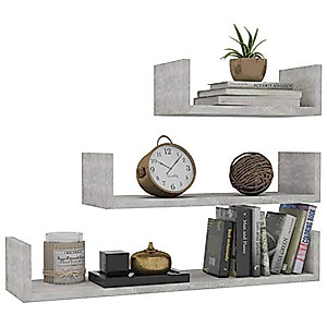 INLIFE 3 Pcs Floating Wall Display Shelves,U-Shaped Wall Mounted Book DVD Collectables Decoration Storage Shelf for Living Room,Bedroom Wall Display Shelves Concrete Gray 23.6"x 5.9"x 3.9"(LxWxH)