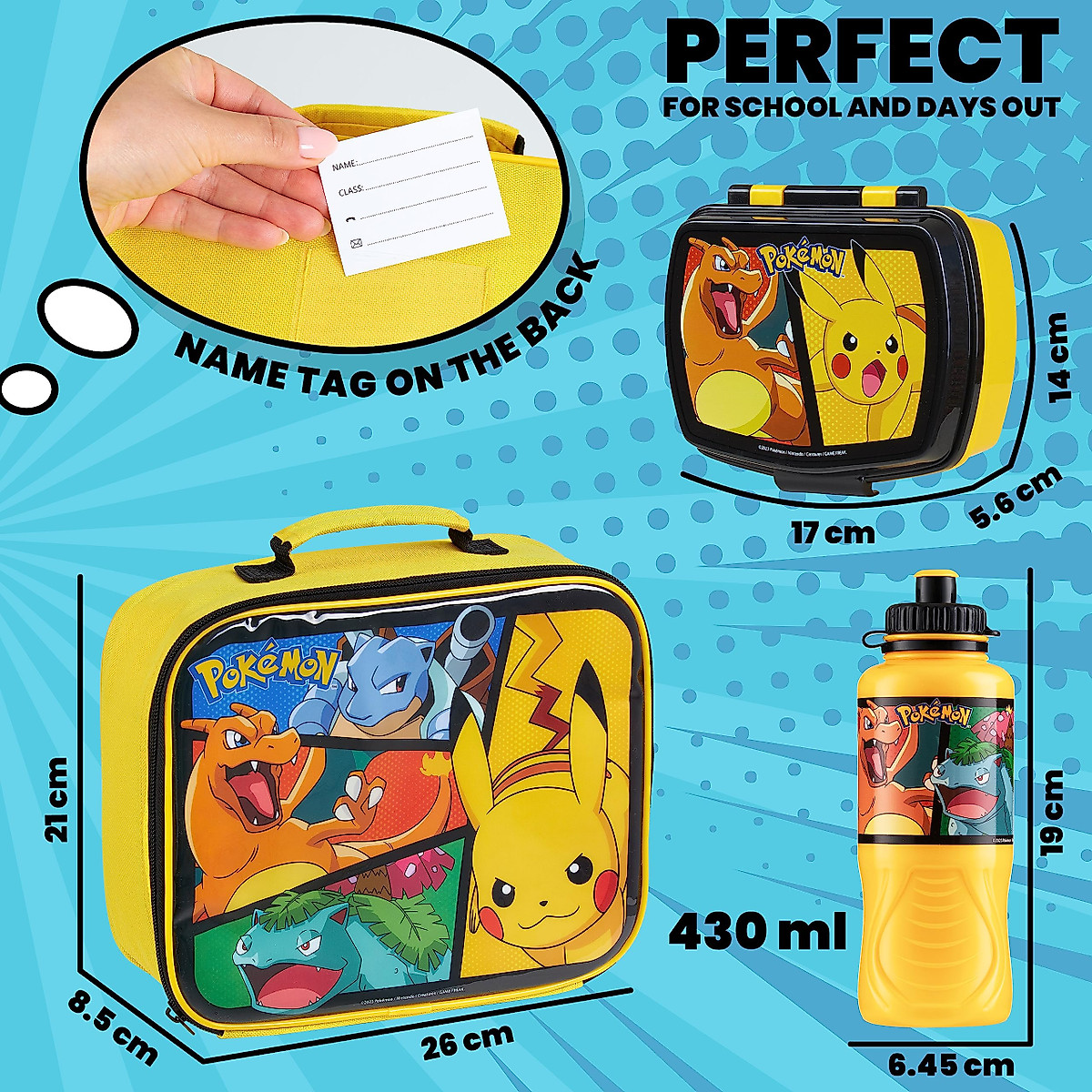 Pokemon Kids Insulated Lunch Bag, Lunch Box and Water Bottle, 3 Piece Set (Amarillo)