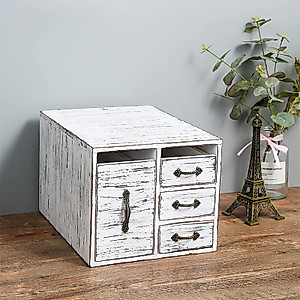 Juleduo Beauty Organizer 4 Drawers - Wooden Cosmetic Storage Box for Neat & Home Office Desk &Organize &Storing of Makeup Tools,Bathroom Counter-top & Storage (Rustic White)