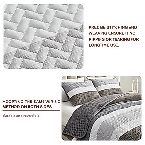 Joyreap 3 Pieces Quilt Set Full/Queen, Light Gray n Brown Stripes Design, Smooth Soft Microfiber Quilt, Bedspread Bed Cover for All Season, 1 Quilt and 2 Pillow Shams- 90x90 inches