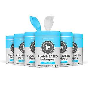 Petkin Plant-Based PetWipes, 200 Wipes, 6 Count - Biobased, Sustainable, Big & Thick Pet Wipes for Dogs & Cats - for Face, Paws, Ears, Body & Eye Area - Consciously Cleans & Conditions - Vanilla
