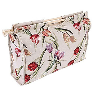 Zerodis Knitting Bag Wood Handle Yarn Storage Crochet Organizer Woven Fabric Storage Bag for Knitting Needles Sewing Tools(Red)