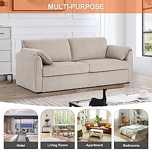 Plococo Pull Out Sofa Bed, Corduroy Queen Sleeper Sofa Couch with Foam Mattress, Large Sofa Sleeper Pullout Couch Bed for Living Room Office, Queen Size (Beige Brown)