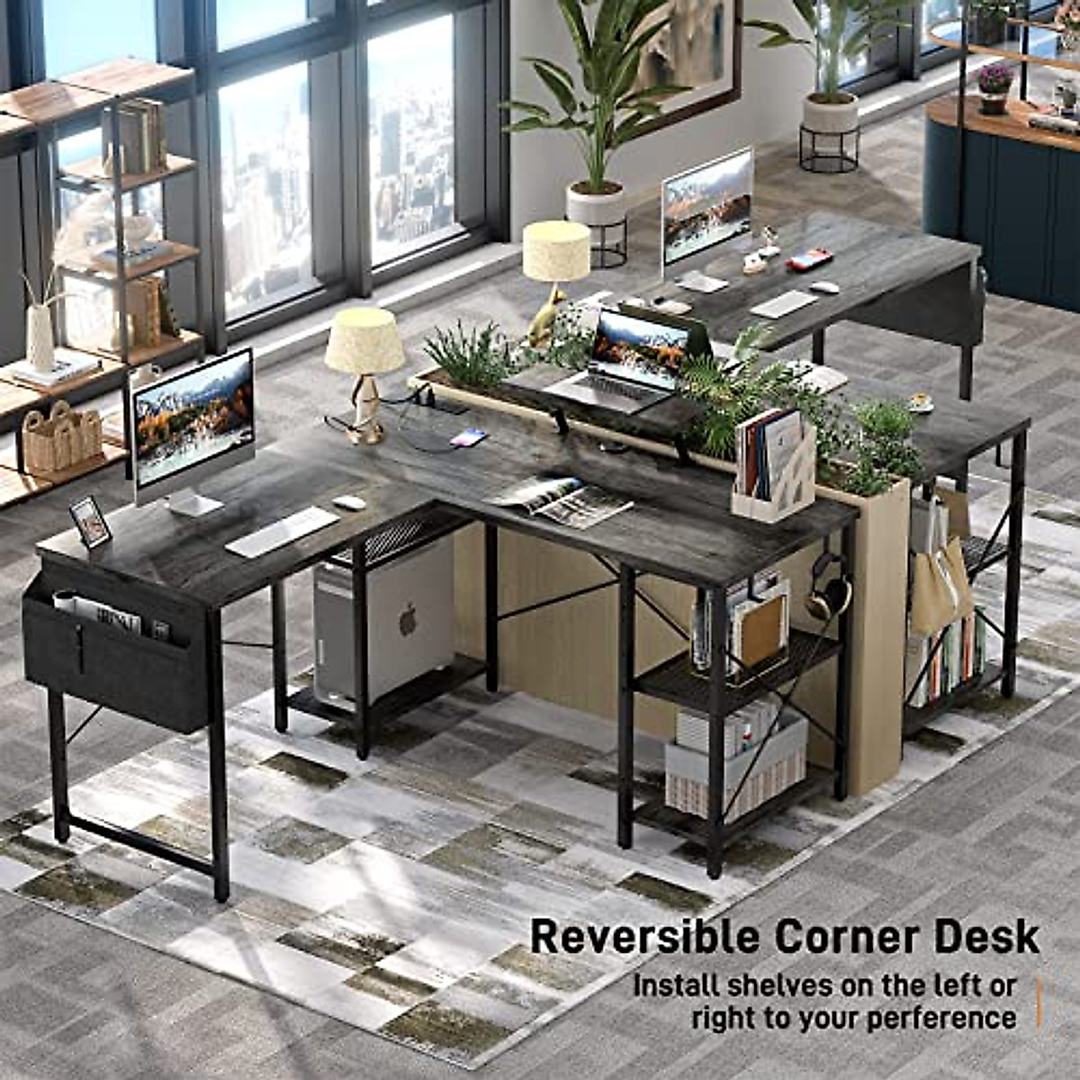 Aheaplus L Shaped Desk with Outlet and USB Charging Ports, L-Shaped Desk with Storage Shelves Reversible Corner Computer Desk 2 Person Long Table with Monitor Stand Gaming Home Office Desk, Oak