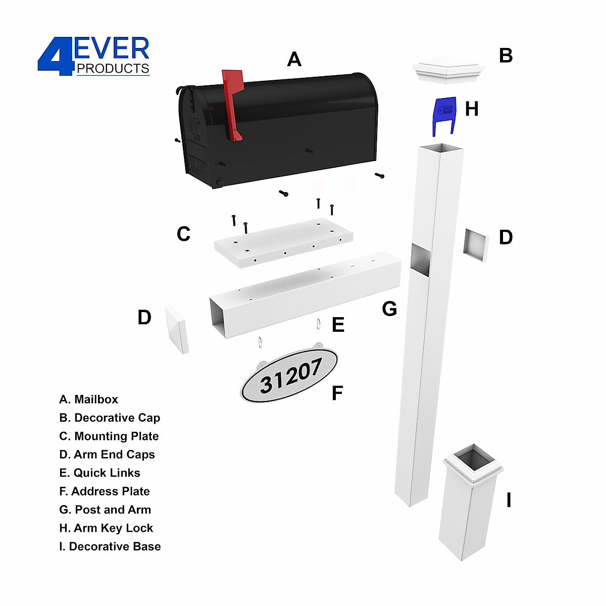 4Ever Products Vinyl Mailbox Post System - Includes Black Steel Mailbox and Custom Address Plate (White)