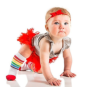 juDanzy Knee High Tall Baby, toddler & kids Socks with Arch Support (6-10 Years (Size 1-7), White with rainbow & Rainbow Stripe)