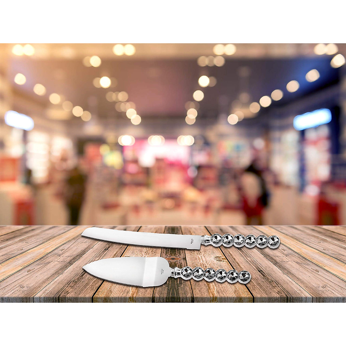 Fashioncraft 2557 Glitz and Glamour Silver Cake Server Set with Large Rhinestones - Wedding Cake Knife and Server Set