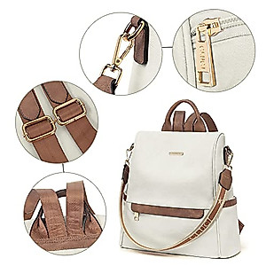 CLUCI Women Backpack Purse Fashion Leather Large Designer Travel Bag Ladies Shoulder Bags White with Brown