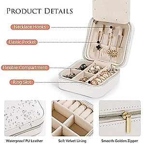 Emibele Travel Jewelry Box with Mirror, PU Leather Small Travel Jewelry Case, Travel Jewelry Organizer for Women Girls, Small Jewelry Travel Case for Rings, Earrings, Necklaces, Bracelet, White