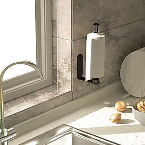 TNXSYBJ Under Cabinet Paper Towel Holder with 2 Adhesive Towel Hooks, Stainless Steel Black Paper Towel Holder Wall Mount, One Hand Operable paper towel holder With Damping Effect For Bathroom Kitchen