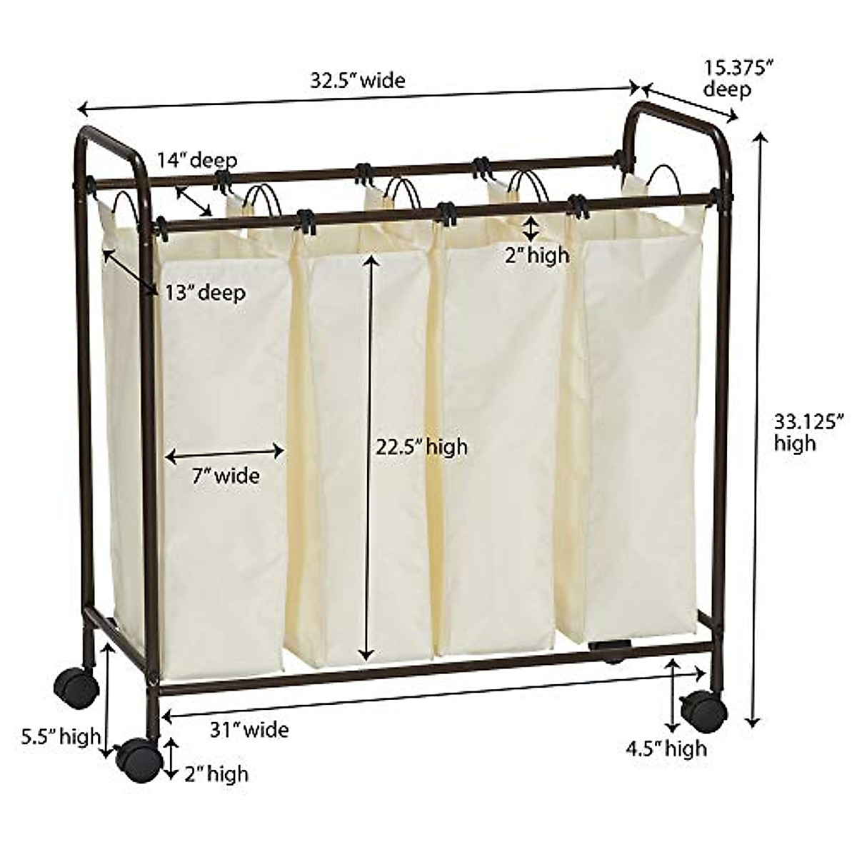 Household Essentials 7173 Rolling Quad Laundry Sorter with Removable Hamper Bags | Antique Bronze Frame
