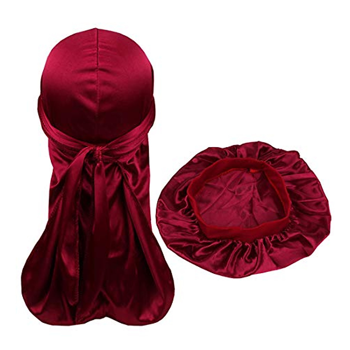 Durags and Bonnets 2pcs Set Suitable Men and Women Long Tail Silky Doo rag (Burgundy)