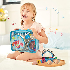 Wooden Musical Instruments Set for Toddlers 1-3, Natural Wood Percussion Instruments Xylophone Gift Set for Girls Boys Kids ,Preschool Educational Musical Toys with Storage Bag (Blue)