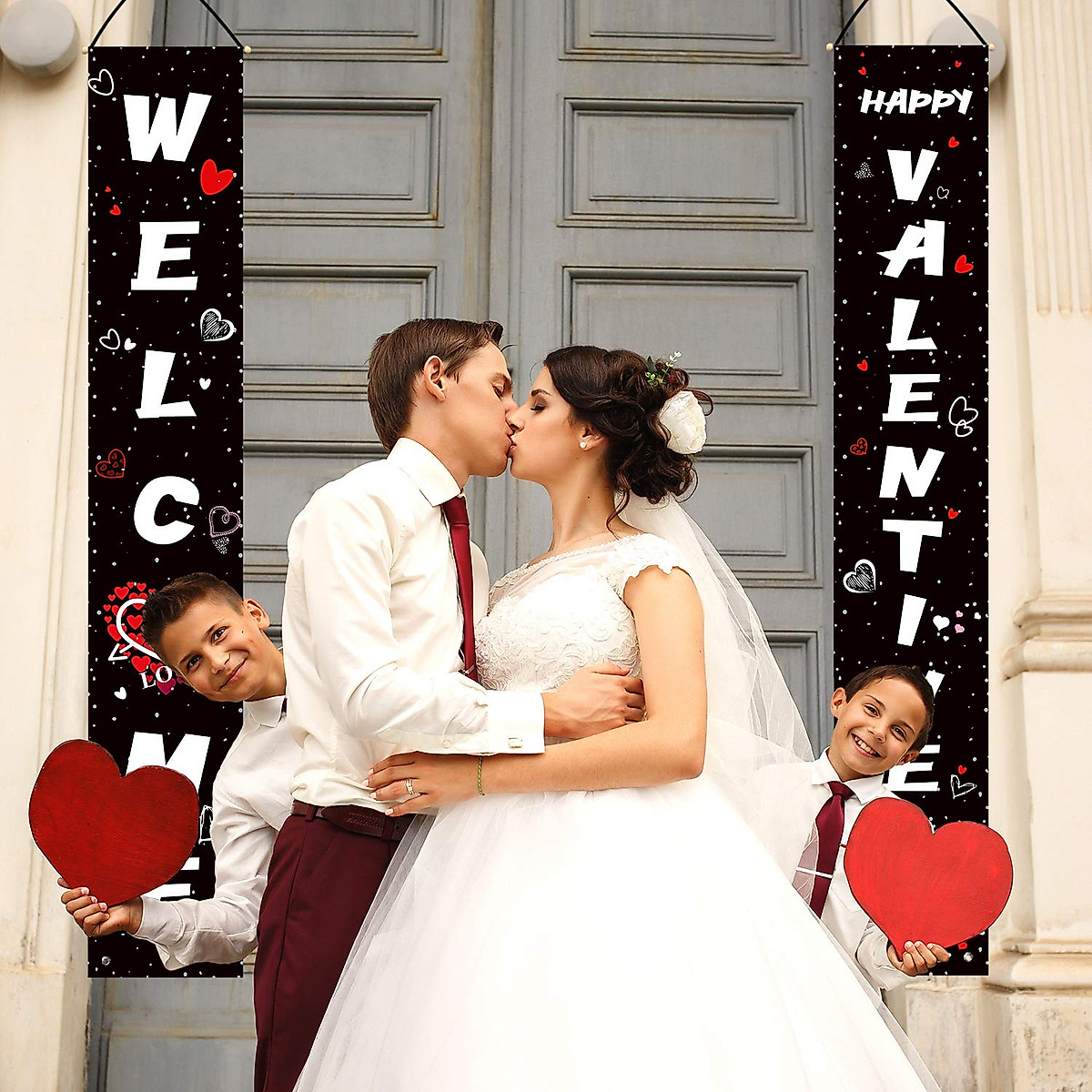 Whaline Valentines Porch Sign, Welcome and Happy Valentines Day Hanging Banners for Holiday Home Indoor Outdoor Porch Wall Valentine's Day Decoration (Black)