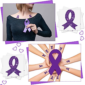 20 Sheets 240 Pcs Purple Ribbon Glitter Tattoos Domestic Violence Awareness Ribbon Temporary Tattoos Lupus Overdose Alzheimers Pancreatic Cancer for Women Man Charity Public Social Event