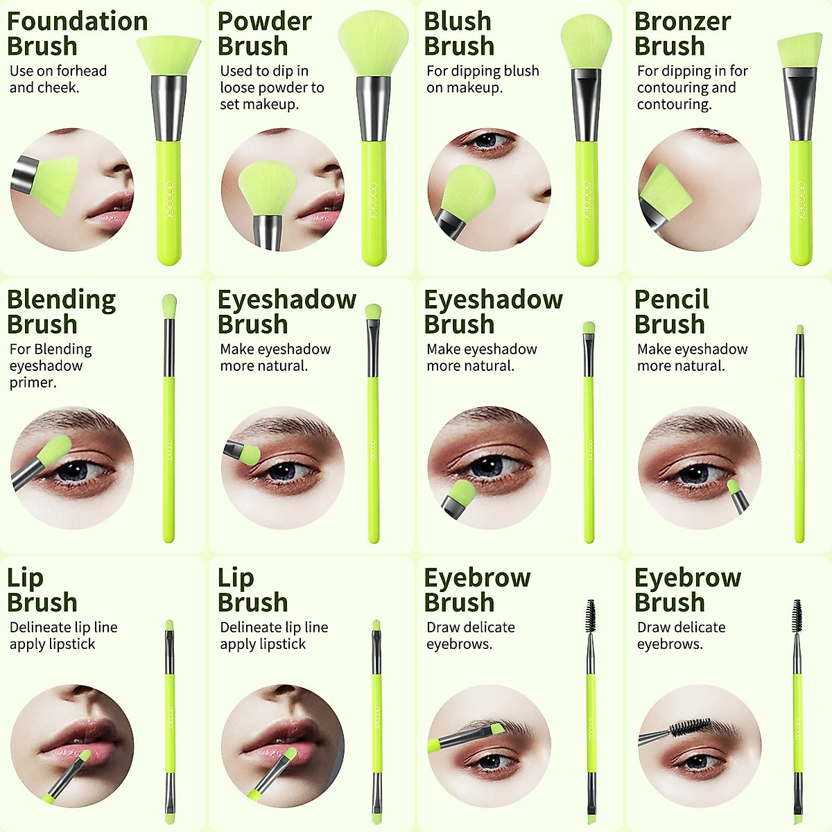 Docolor Makeup Brushes 10Pcs Makeup Brush Set Premium Synthetic Powder Kabuki Foundation Contour Blush Concealer Eye Shadow Blending Liner Make Up Brush Kit Neon Green