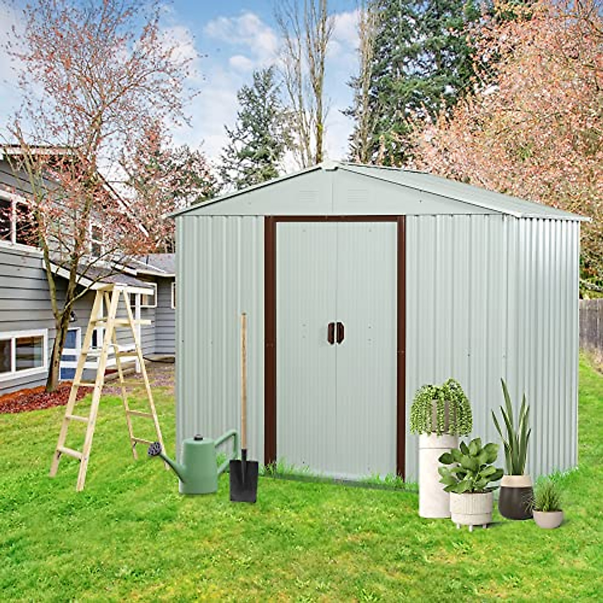 GLANZEND 8 X 4 Feet Outdoor Storage Shed, Metal Utility Tool Shed with Waterproof Sloping Roof, Punched Vents and Sliding Lockable Doors, Garden Storage House for Backyard Lawn, White