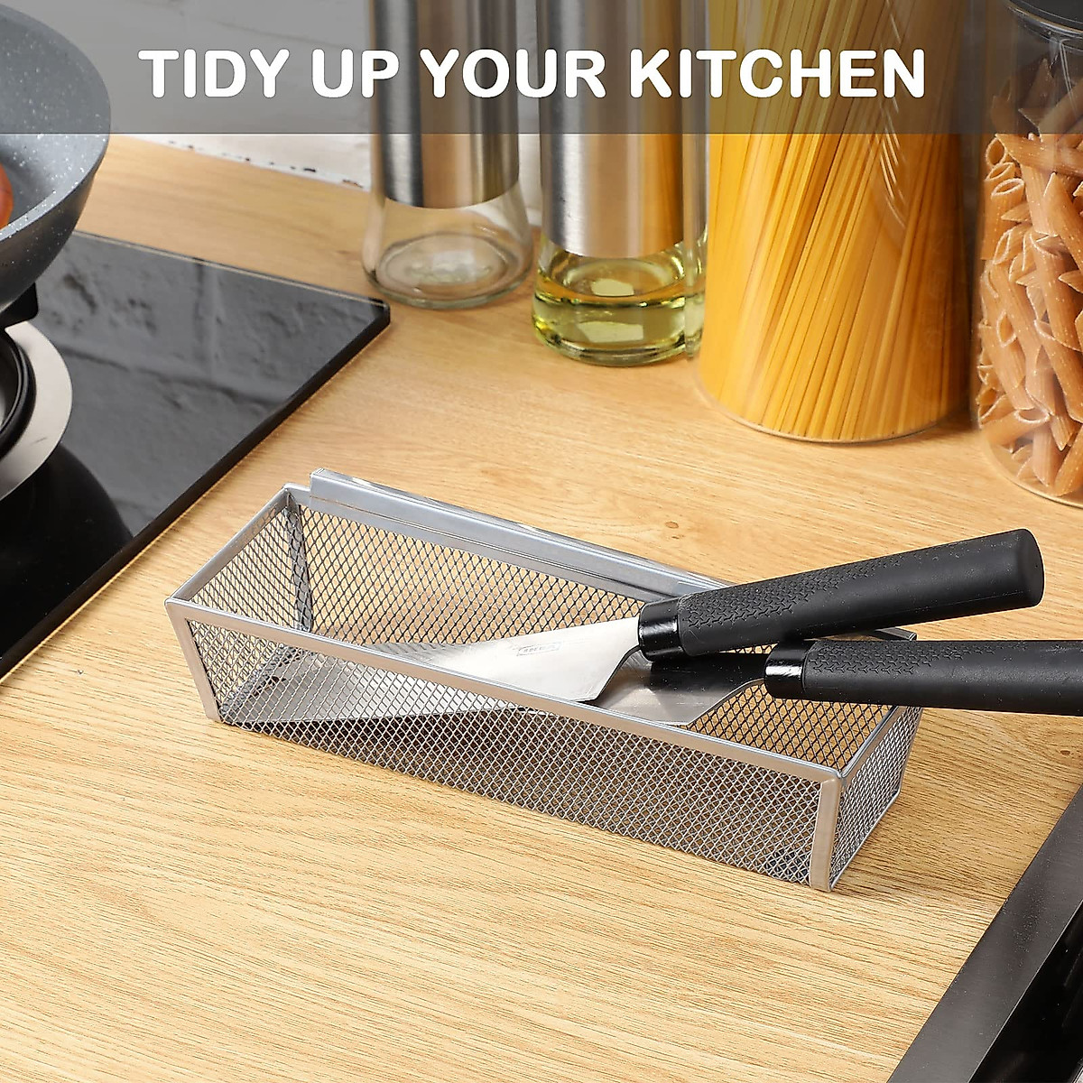 12 Set Silverware Drawer Organizer Mesh Utensil Drawer Organizer for Kitchen Cutlery Trays Holder Steel Metal Flatware Storage, 2 Inch High, Silver